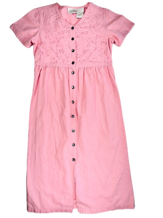 Dresses | Vintage Pink Linen Button Front Maxi Dress Floral Embroidered ...